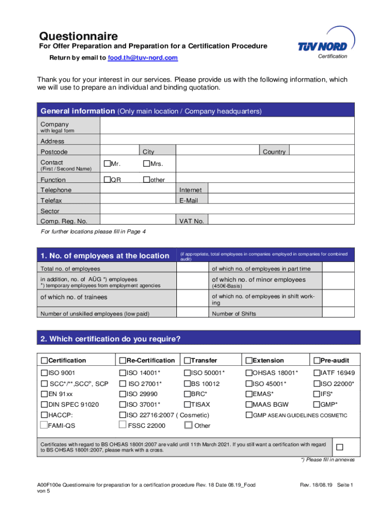 Fillable Online Questionnaire for the preparation of offers and ...