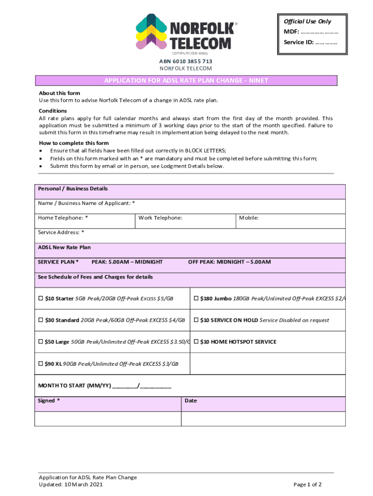 Fillable Online application for adsl rate plan change - ninet Fax Email Print - pdfFiller