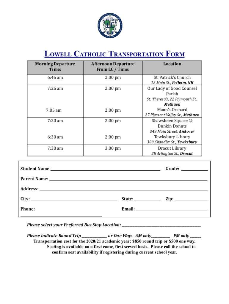Fillable Online HS Bus form 20/21 - Lowell Catholic Fax Email Print - pdfFiller