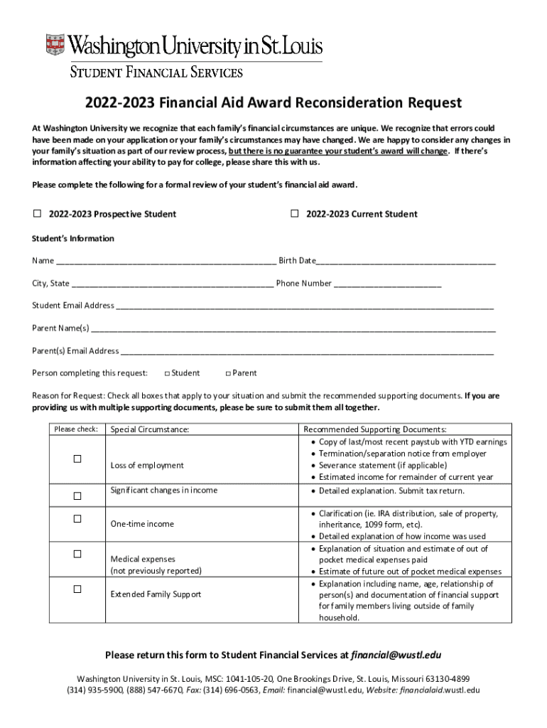 Fillable Online 2022-2023 Financial Aid Award Reconsideration Request Fax Email Print - pdfFiller