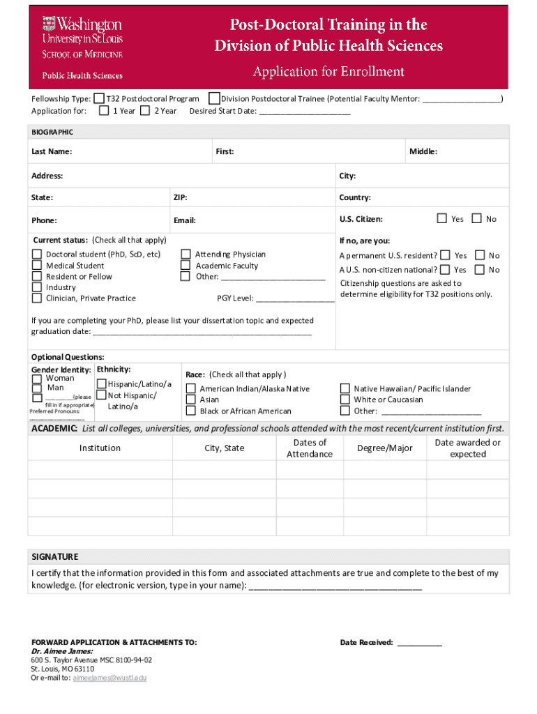 Fillable Online publichealthsciences wustl t32 research fellowship application - O'Donnell Brain ...