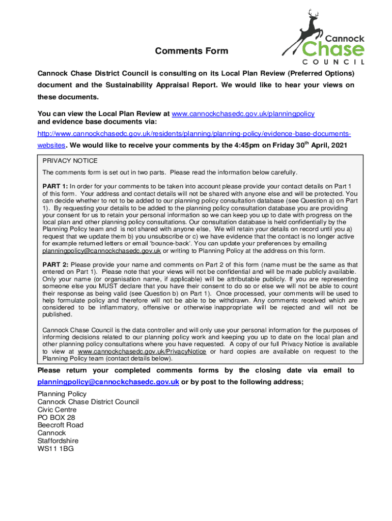 Fillable Online Comments Form - Cannock Chase District Council Fax Email Print - pdfFiller