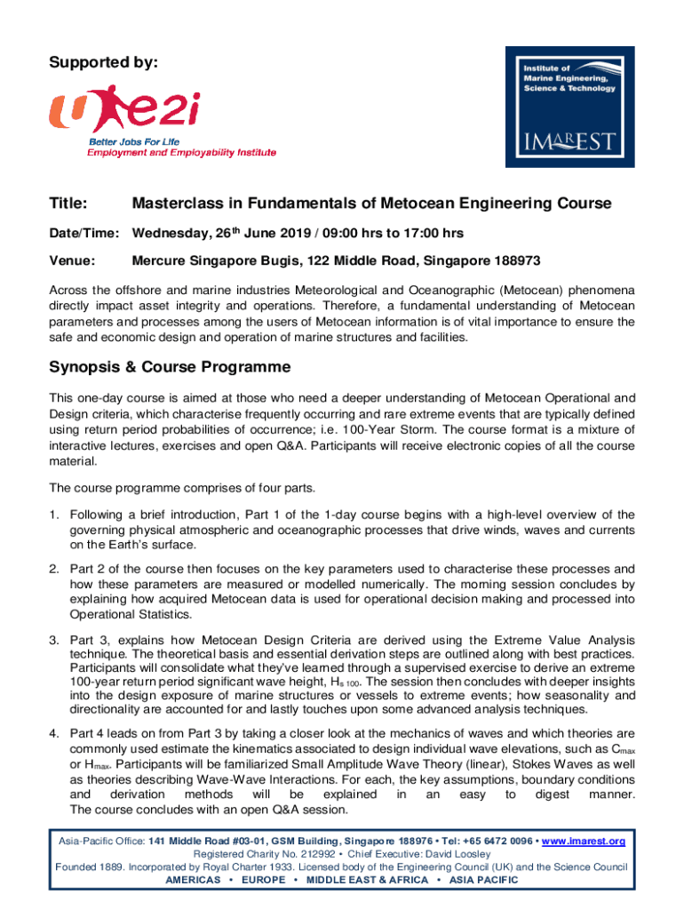 Fillable Online Masterclass in Fundamentals of Metocean Engineering ...