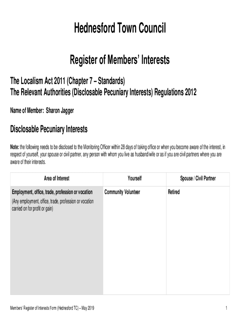Fillable Online Register of Interests Form - Sharon Jagger (Hednesford ...