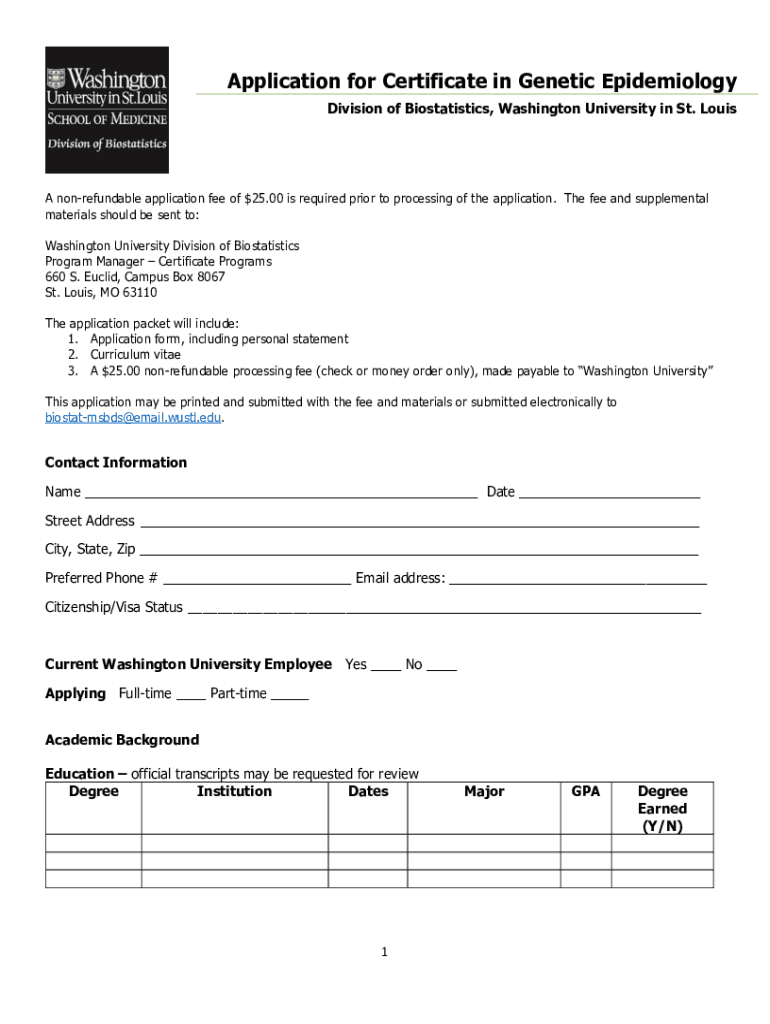 Fillable Online biostatistics wustl Application for Certificate in Genetic Epidemiology Fax ...