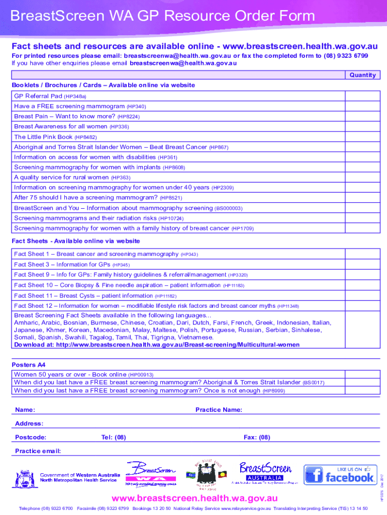 Fillable Online : BreastScreen WA GP Resource Order Form Fax Email Print - pdfFiller