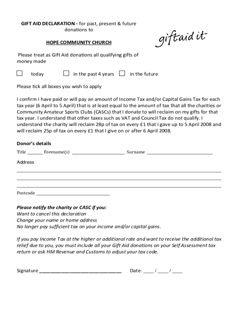 Fillable Online Gift Aid Declaration Form (for past, present and future ...