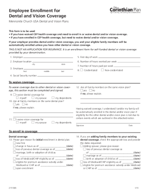 Fillable Online Employee Enrollment for Dental and Vision Coverage Fax ...