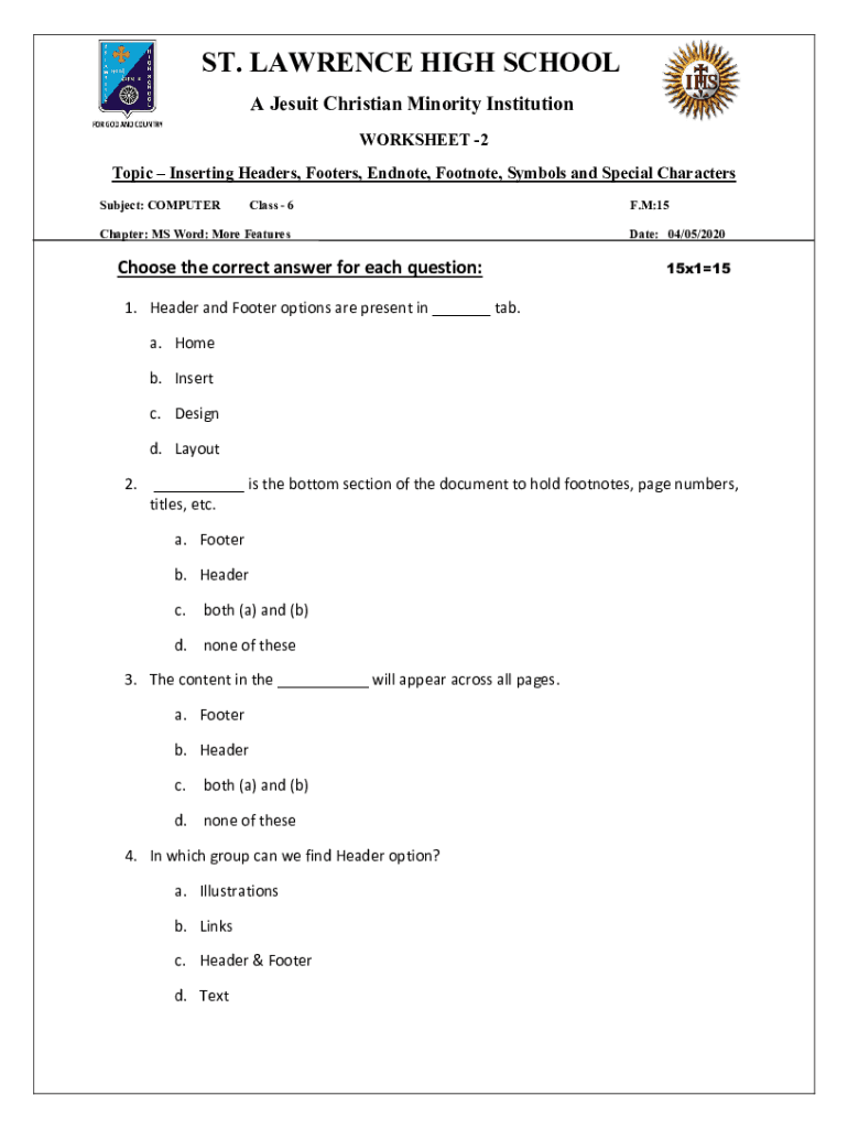 Fillable Online stlawrencehighschool edu Inserting Headers, Footers, Endnote, Footnote, Symbols ...