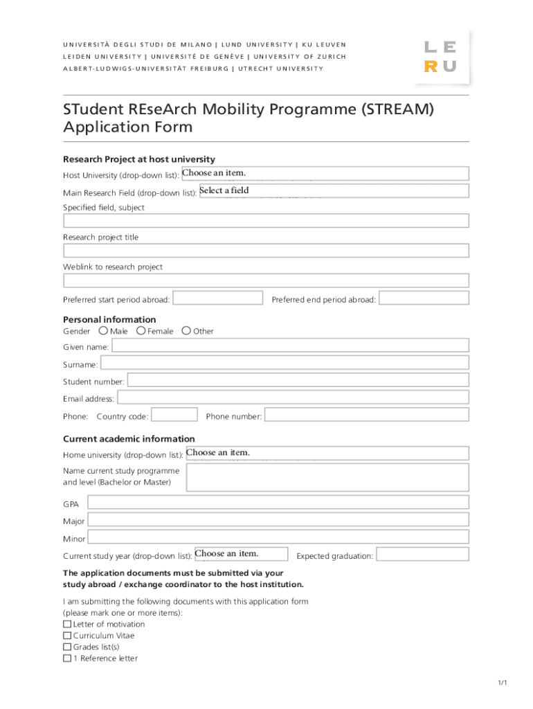 Fillable Online STudent REseArch Mobility Programme (STREAM ...