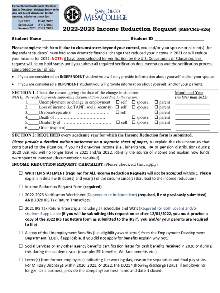 Fillable Online 2022-2023 Income Reduction Request (MEFCRE-#26) Fax ...