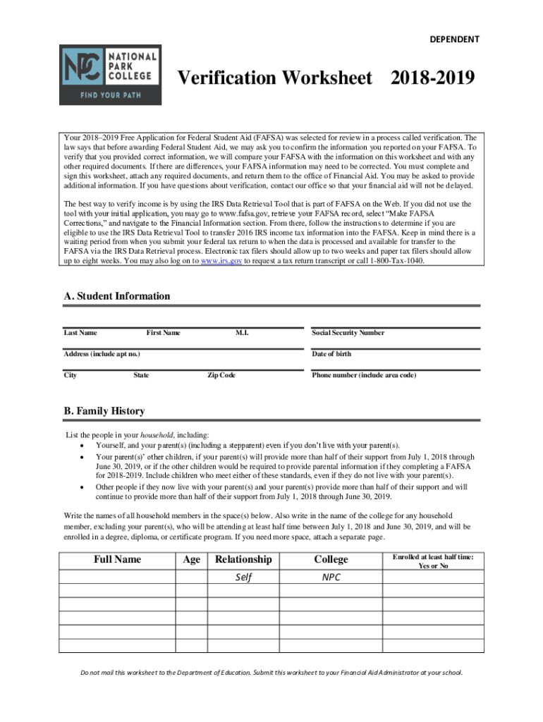 Fillable Online 20182019 Dependent Verification Worksheet Federal ... Fax Email Print - pdfFiller