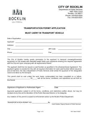 Fillable Online Transportation Permit Application - City of Rocklin Fax ...