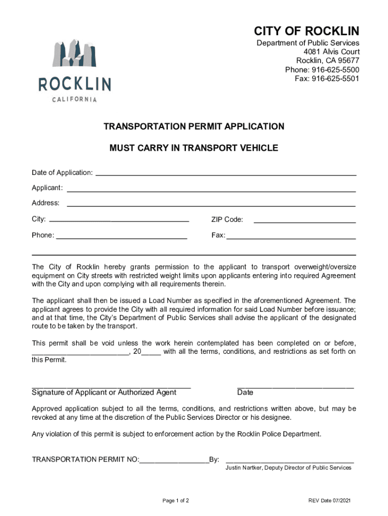 Fillable Online Transportation Permit Application - City of Rocklin Fax ...