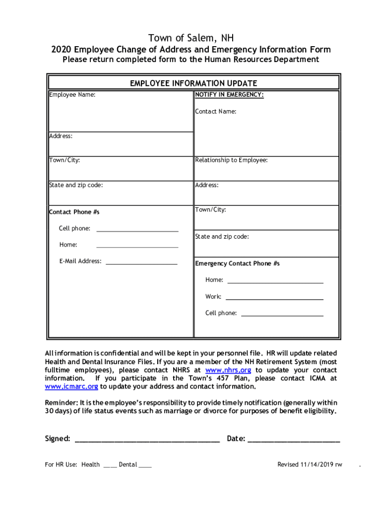 Fillable Online 2020 Employee Change of Address and Emergency ...