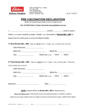 Fillable Online PRE-VACCINATION DECLARATION - Elders Rural Services Fax ...