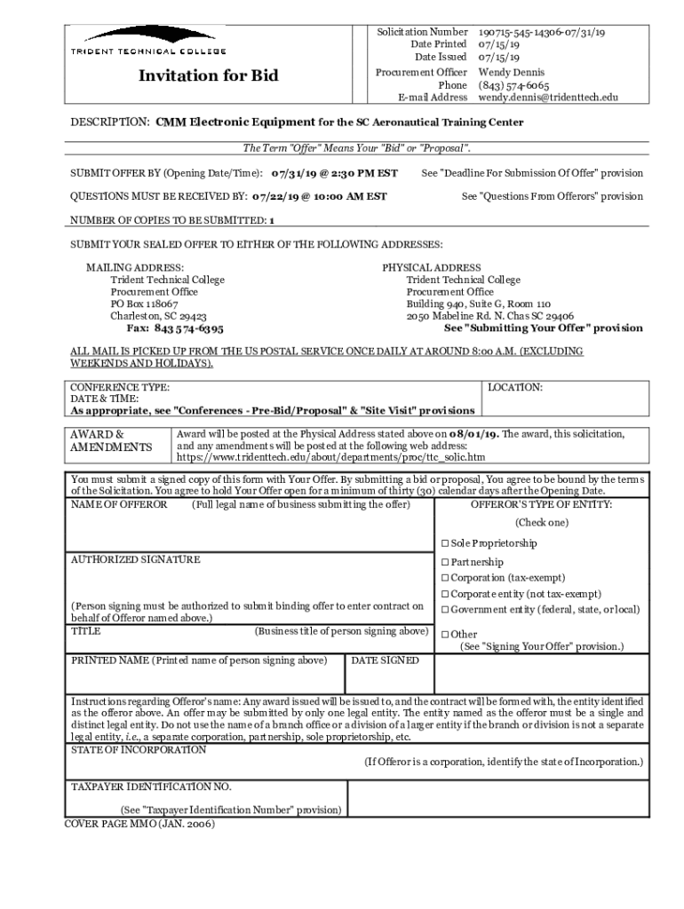 Fillable Online DESCRIPTION: CMM Electronic Equipment for the SC Aeronautical Training Center ...