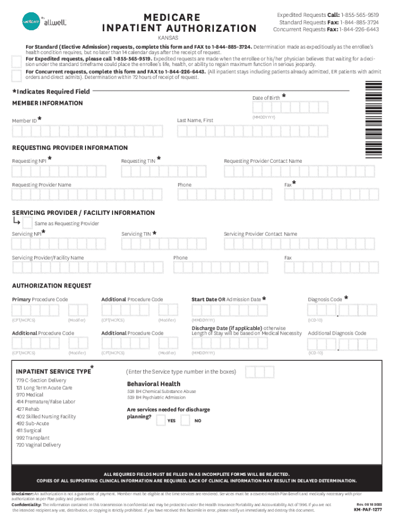 Fillable Online KM-PAF-1277 - Inpatient Authorization Form - Kansas ...