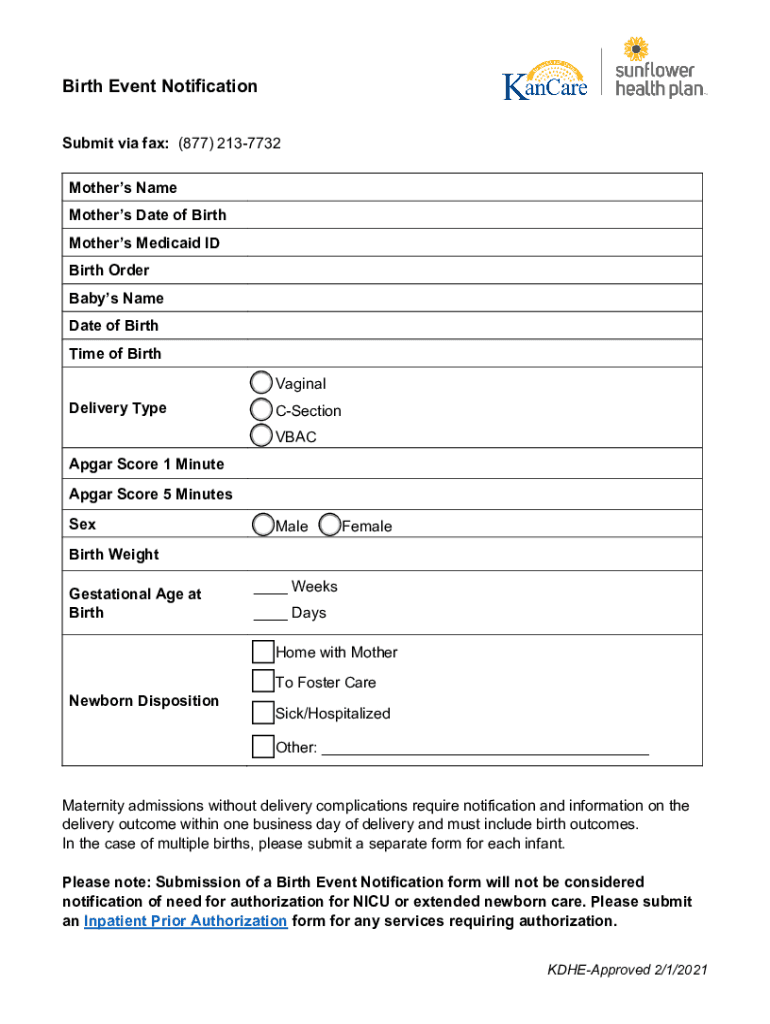 Fillable Online Sunflower Birth Event Notification. Optional Birth ...