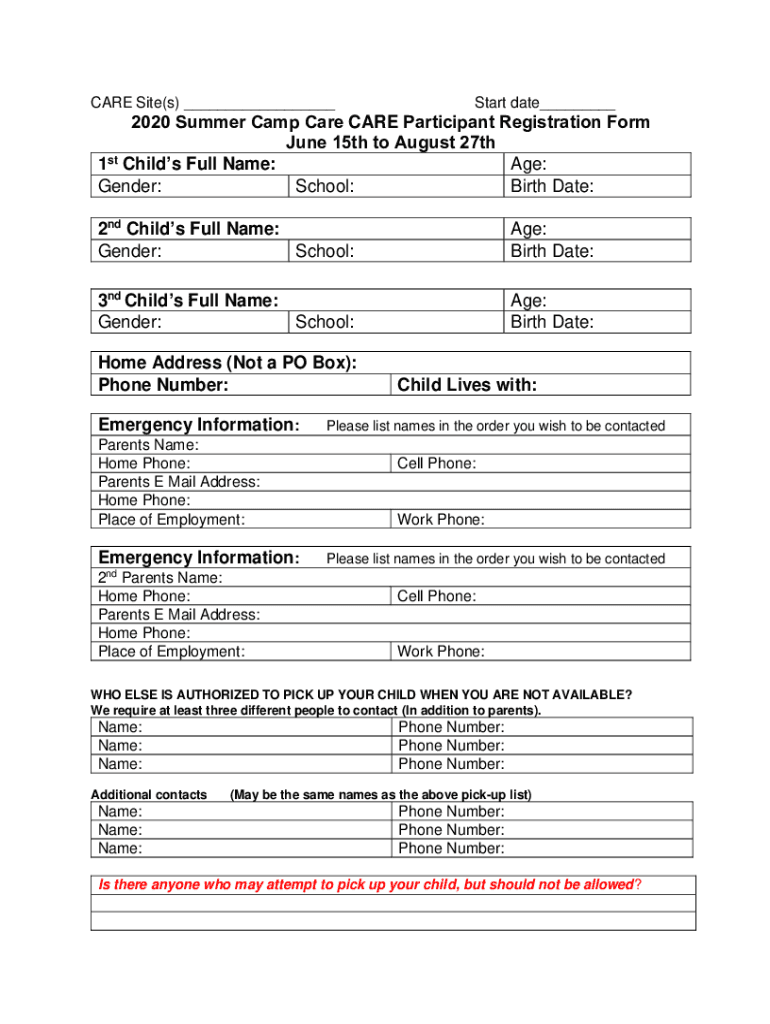 Fillable Online 2020 Summer Camp Care CARE Participant Registration ...