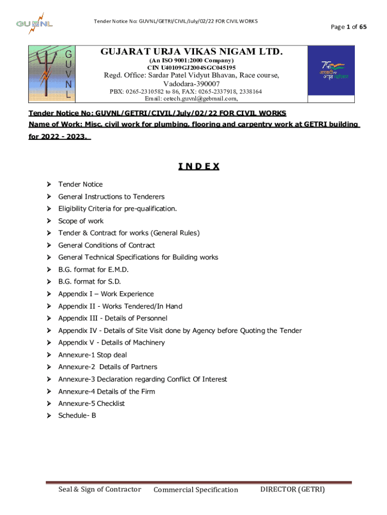 Fillable Online Tender Notice No: GUVNL/GETRI/CIVIL/July/02/22 FOR ...