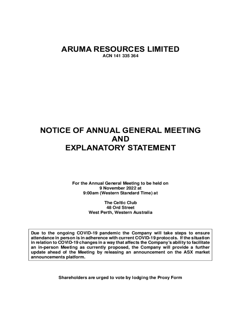 Fillable Online ARUMA RESOURCES LIMITED NOTICE OF ANNUAL GENERAL ... Fax Email Print - pdfFiller