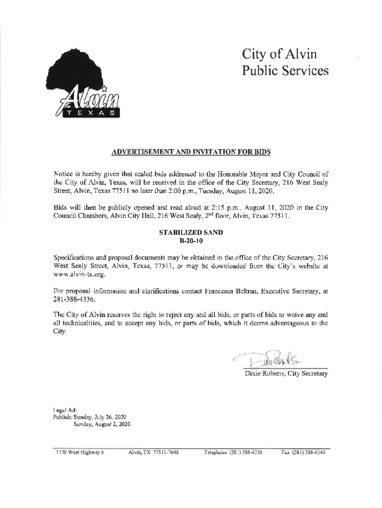 Fillable Online advertisement and invitation for bids - Alvin-Tx.gov Fax Email Print - pdfFiller