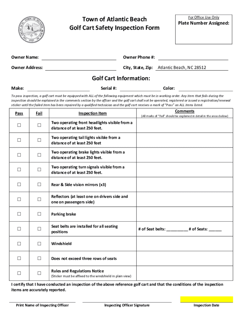 Fillable Online Town of Atlantic Beach Golf Cart Safety Inspection Form ...