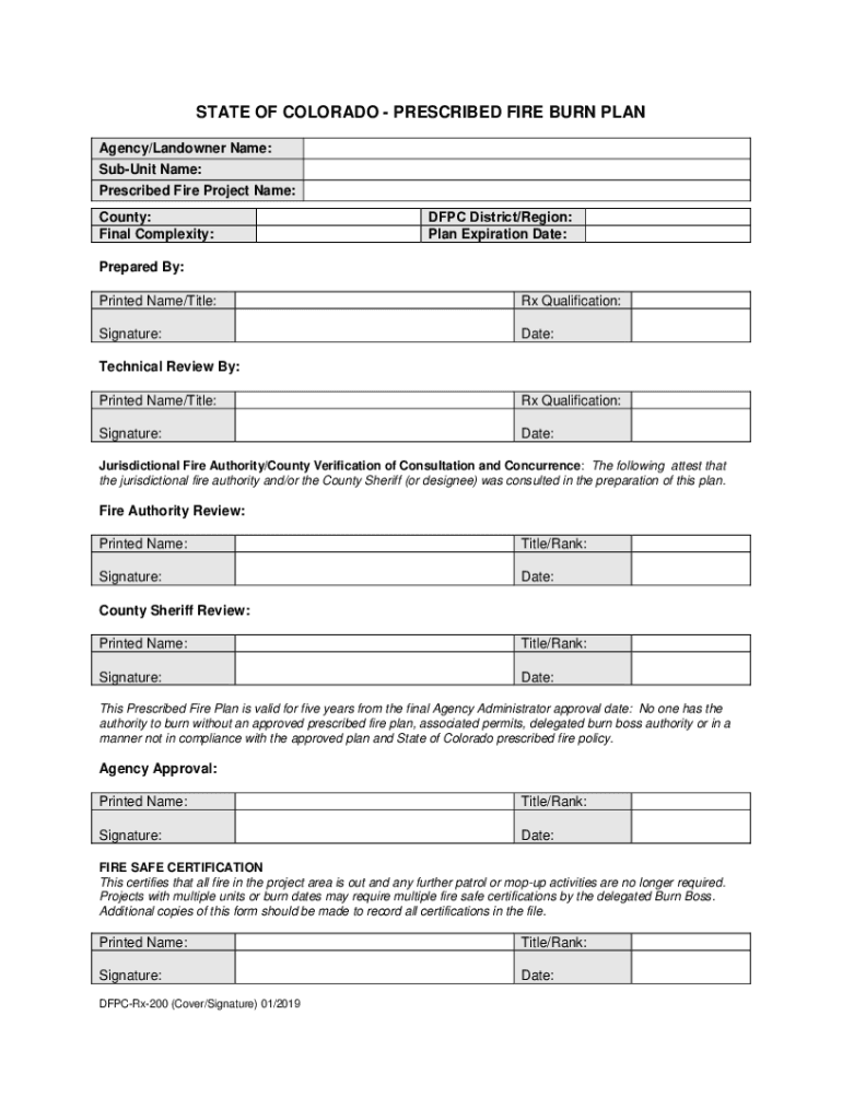 Fillable Online csfs colostate STATE OF COLORADO - PRESCRIBED FIRE BURN ...