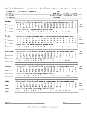 Fillable Online CACFP Daily Point of Service Meal Count Sheet Fax Email ...