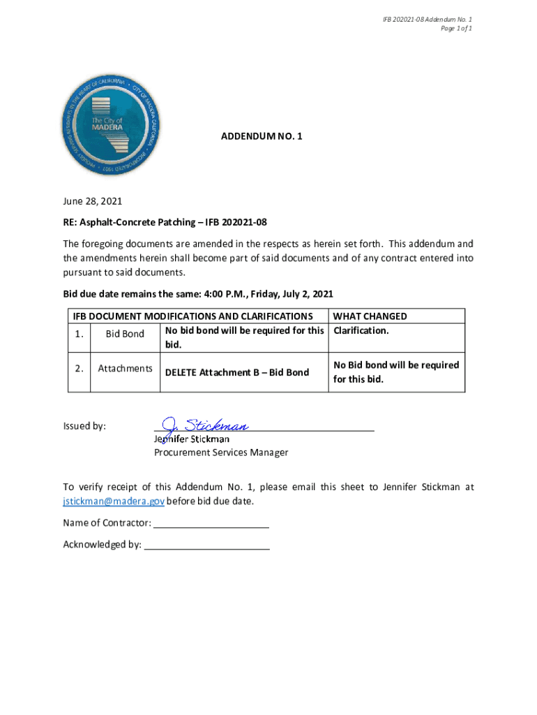 Fillable Online THIS ADDENDUM MUST BE SIGNED BY THE BIDDER AND ... Fax ...