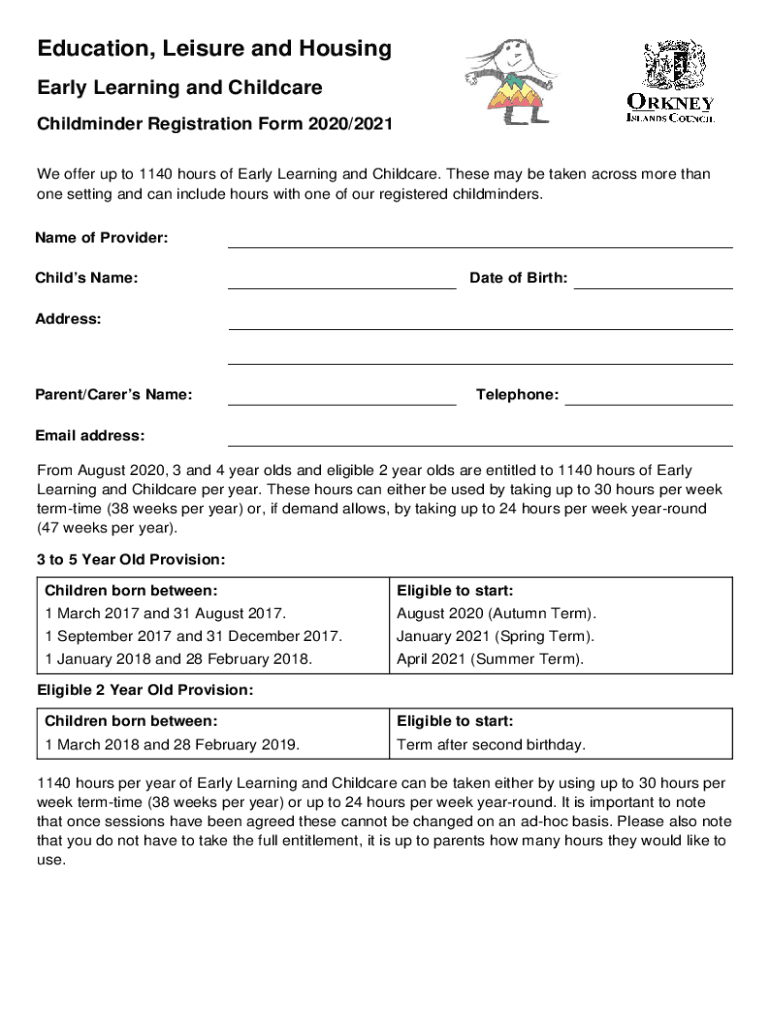 Fillable Online Early Learning and Childcare Childminder Registration ...