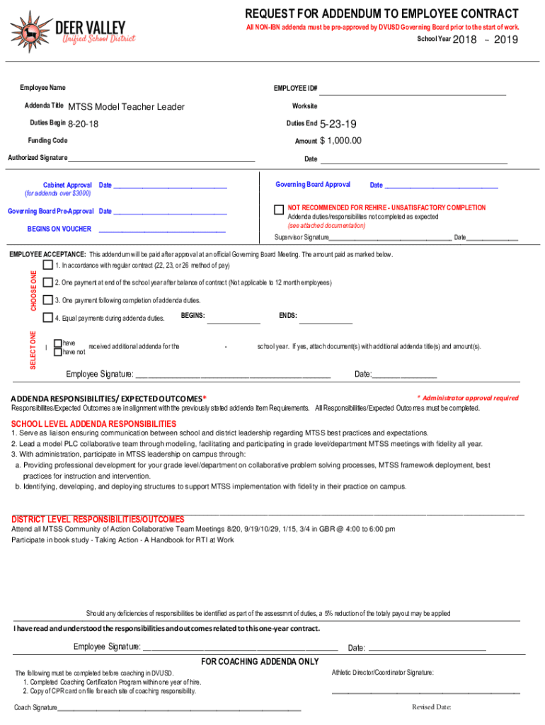 Fillable Online library dvusd REQUEST FOR ADDENDUM TO EMPLOYEE CONTRACT ...