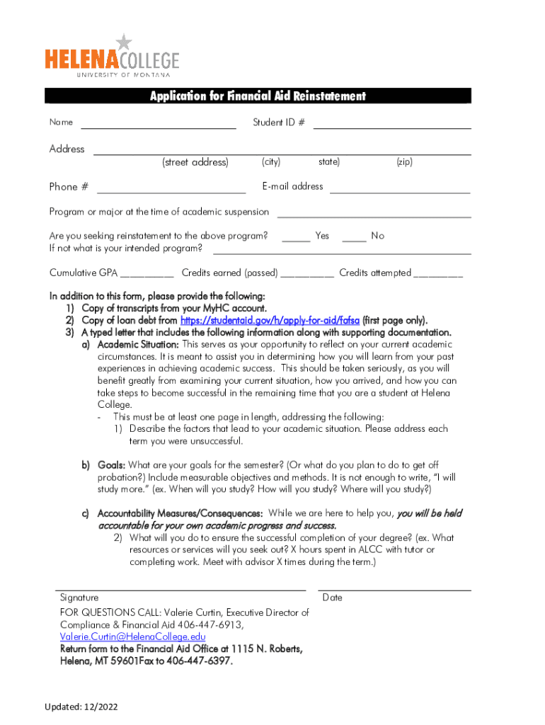 Fillable Online Application for Financial Aid Reinstatement - Helena ...