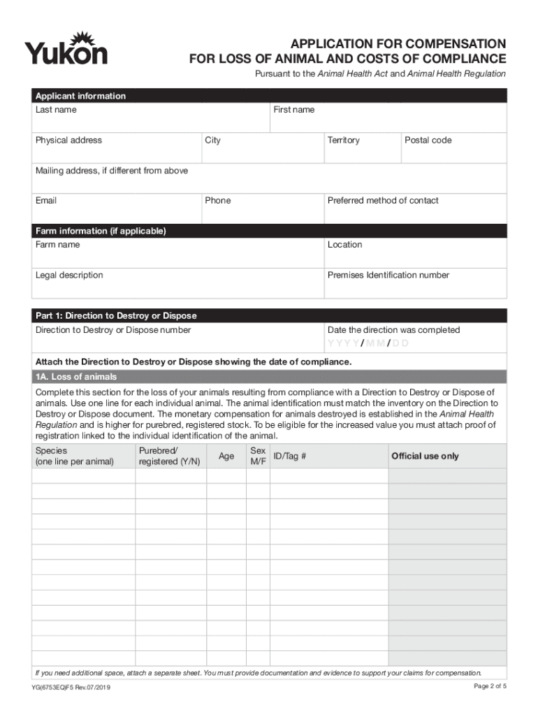 Fillable Online APPLICATION FOR COMPENSATION FOR LOSS OF ANIMAL ... Fax ...