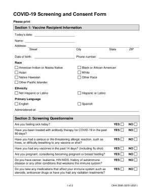 Fillable Online Vaccine Screening and Consent Form Fax Email Print ...