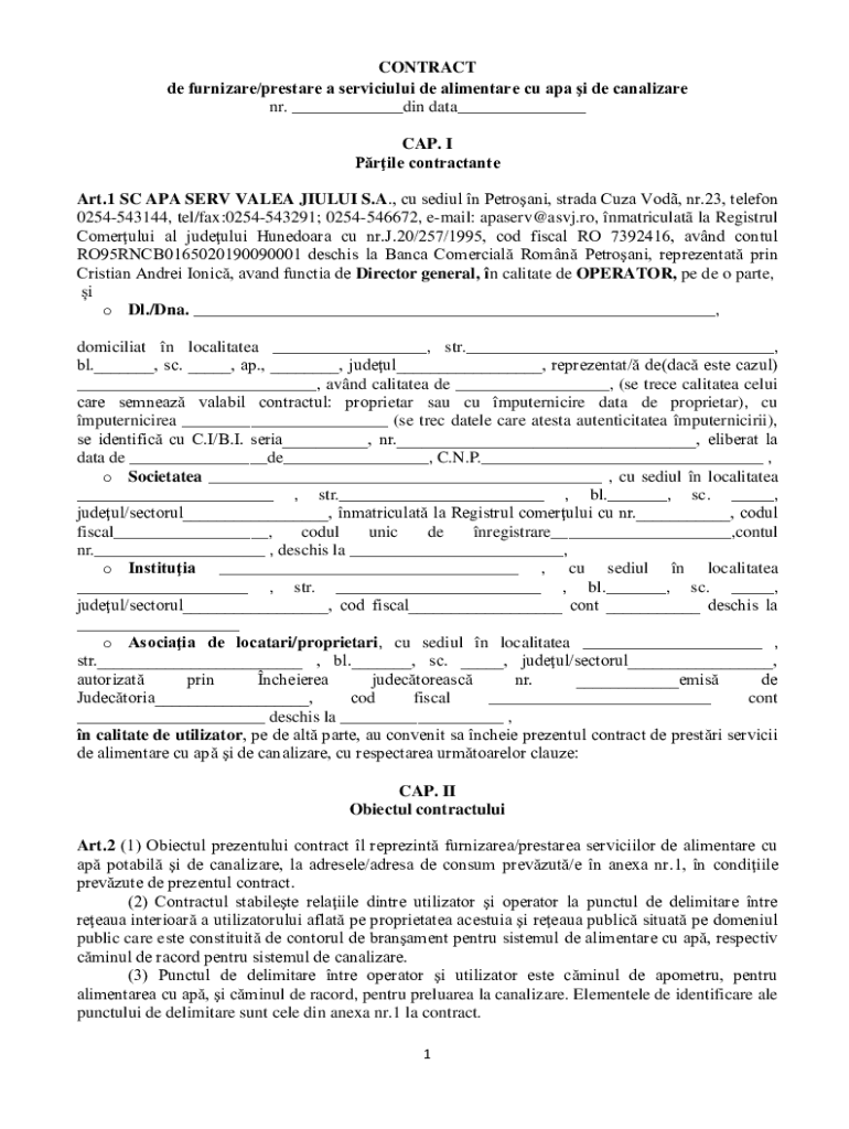 Fillable Online CONTRACT de furnizare a serviciului de alimentare cu ...