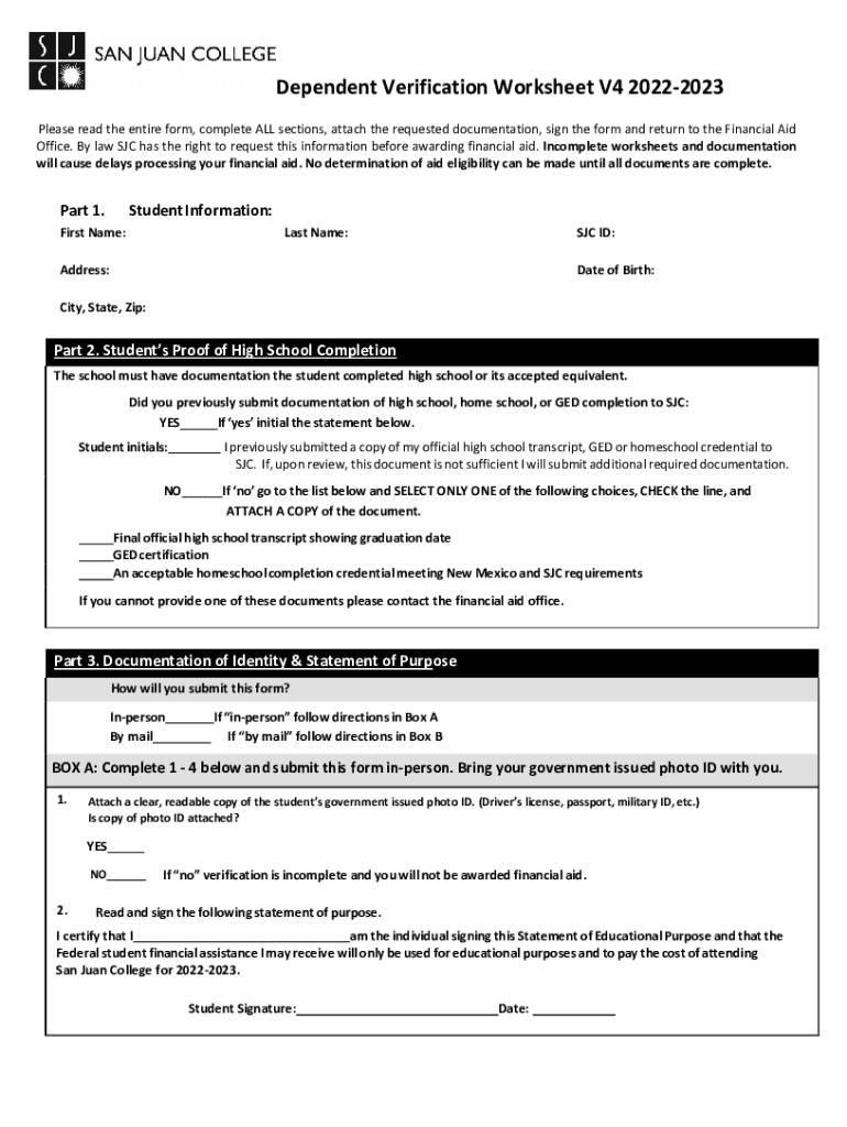 Fillable Online Dependent Verification Worksheet V4 18-19 Fax Email Print - pdfFiller