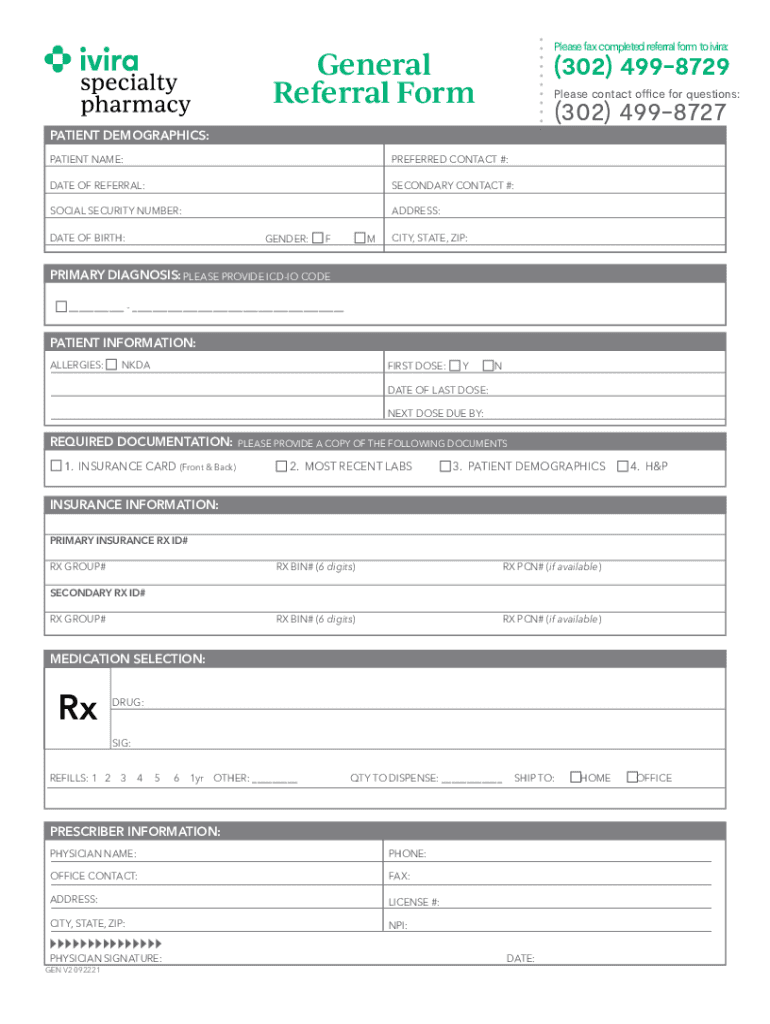 Fillable Online GENERAL REFERRAL FORMIvira Fax Email Print - pdfFiller
