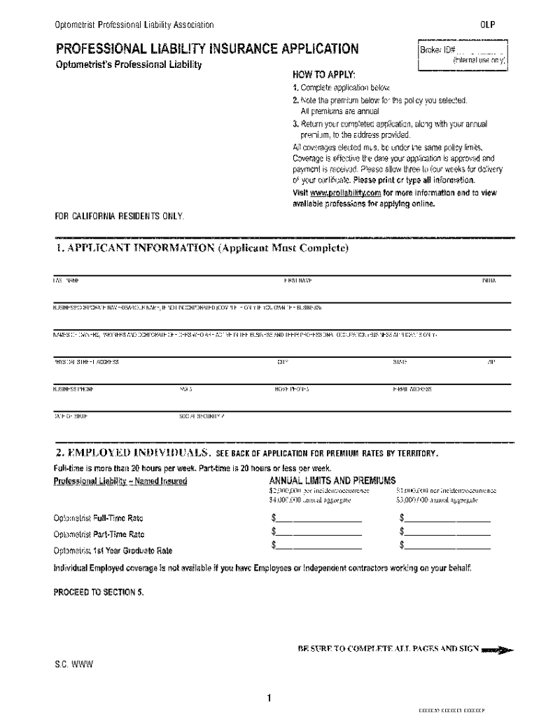 Fillable Online professional and general liability application for ...