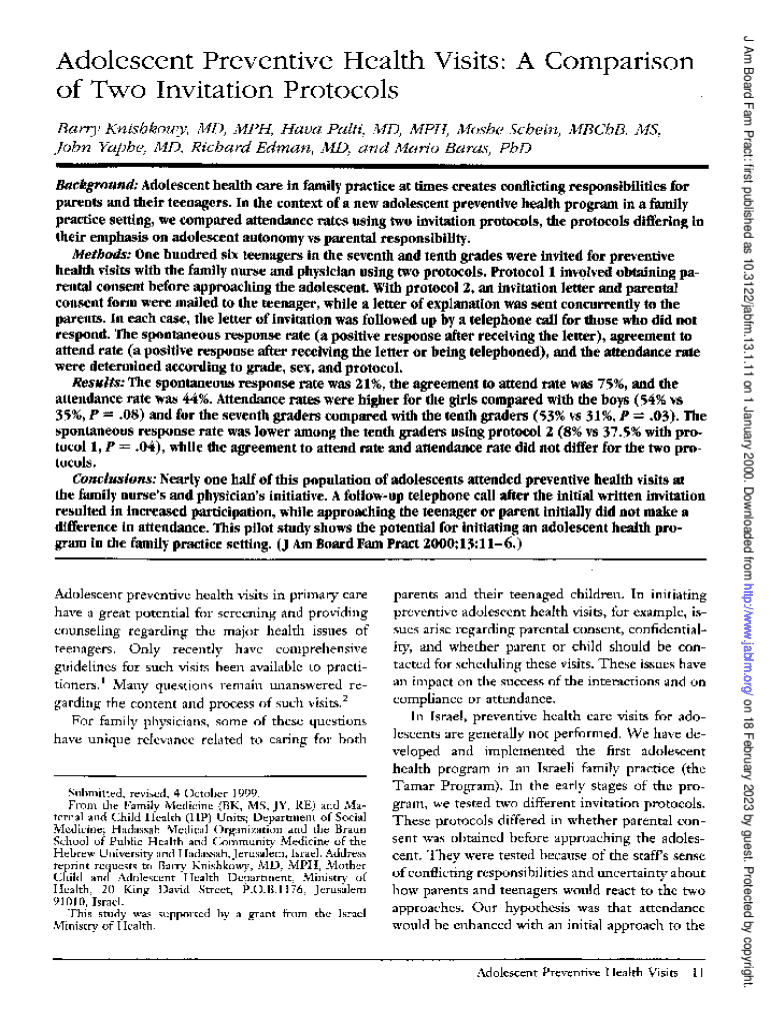 Fillable Online Adolescent Preventive Health Visits: A Comparison of ...