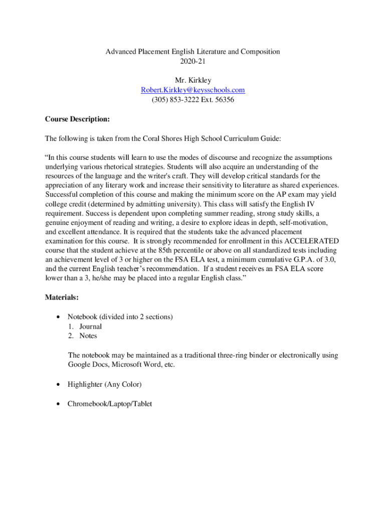 Fillable Online Advanced Placement English Literature and Composition Fax Email Print - pdfFiller