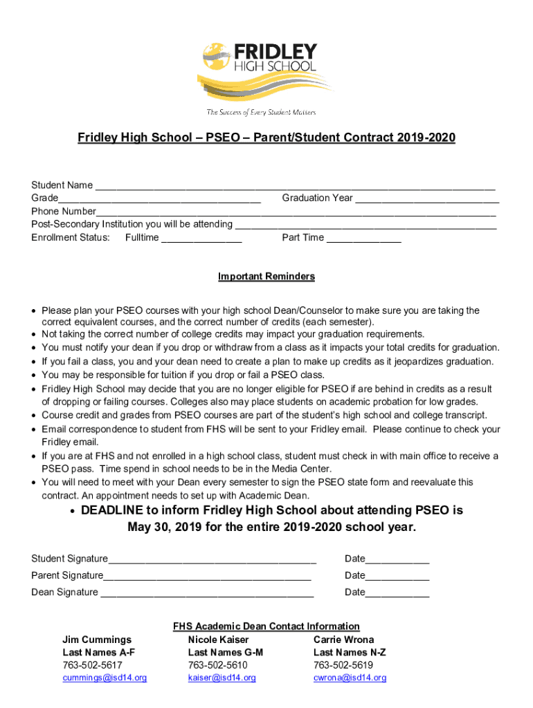 Fillable Online PARENT/GUARDIAN AND STUDENT CONTRACT FOR POST ... Fax ...