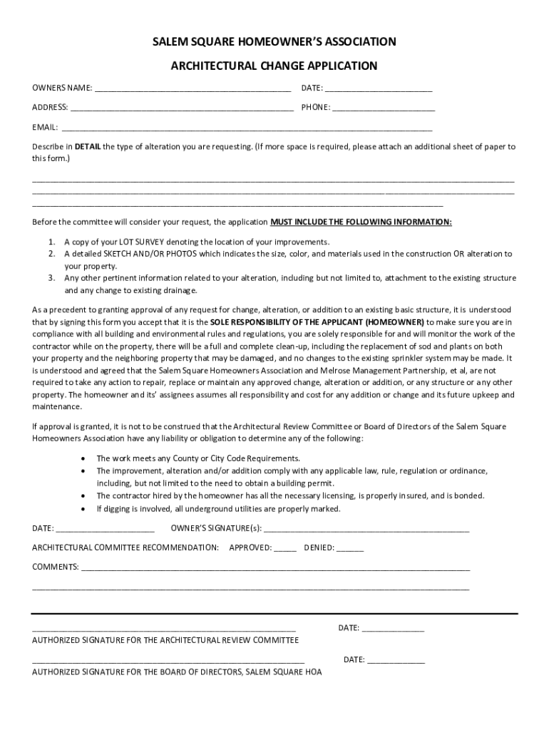 Fillable Online salem square homeowner's association - architectural ...