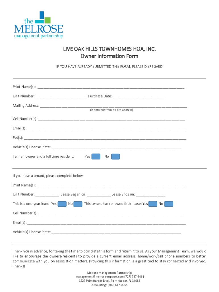 Fillable Online Homeowner Information Form - Montrose HOA Fax Email ...