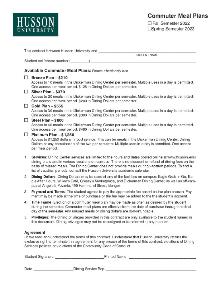 Fillable Online Commuter Meal Plan. Commuter Meal Plan Fax Email Print ...