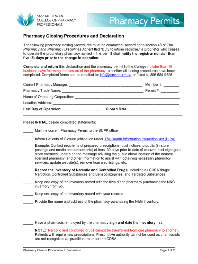 Fillable Online Closing a Pharmacy - Saskatchewan College of ...