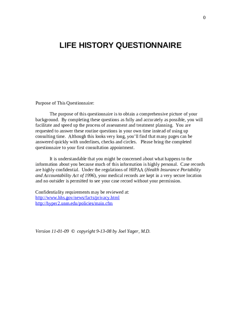 Life and History Health Questionnaire- Insurance and Emergency Data Doc ...