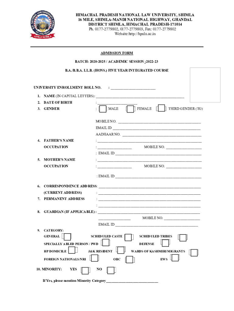 Fillable Online Himachal Pradesh National Law University Fax Email Print - pdfFiller