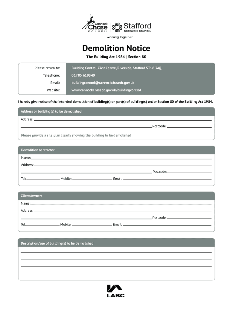 Fillable Online Notice of Intended Demolition Notes, guidance and ...